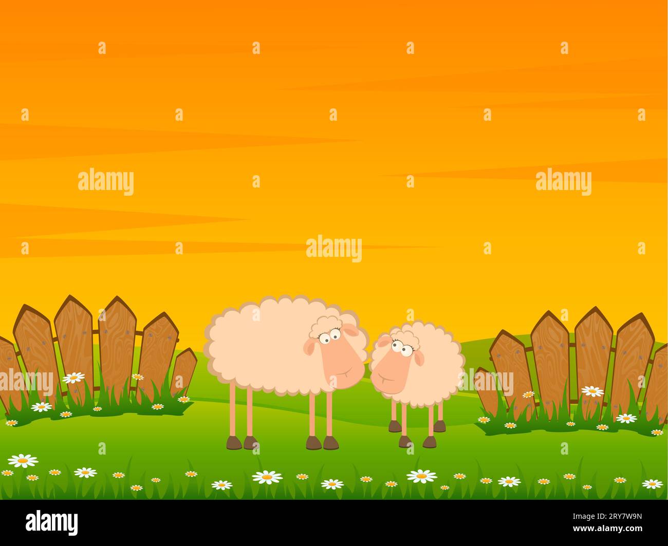 Landscape background with cartoon smiling sheep Stock Photo - Alamy