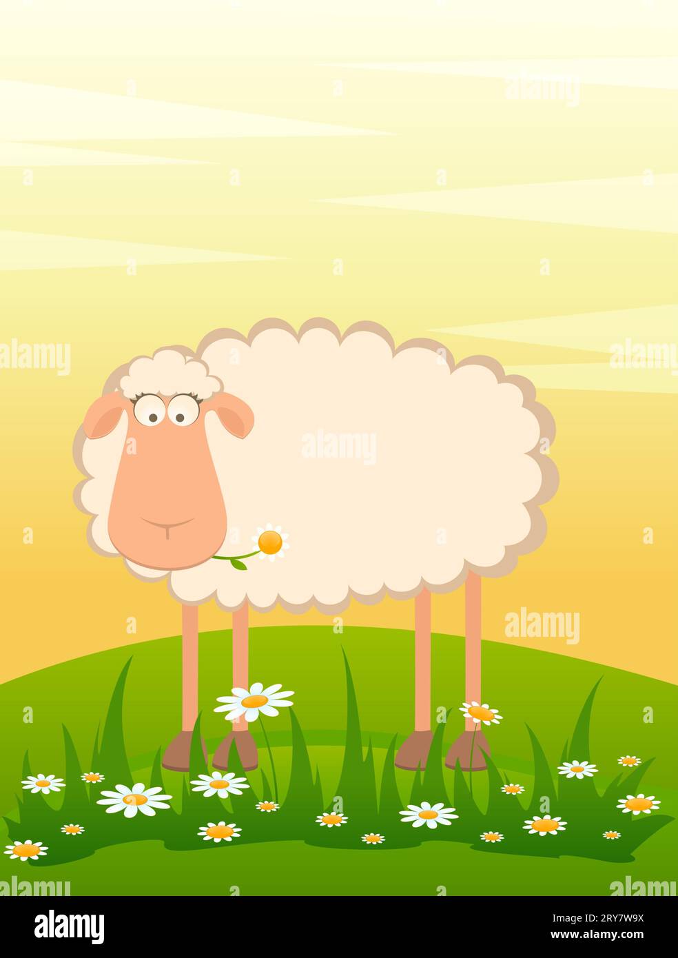 Landscape background with cartoon smiling sheep Stock Photo - Alamy