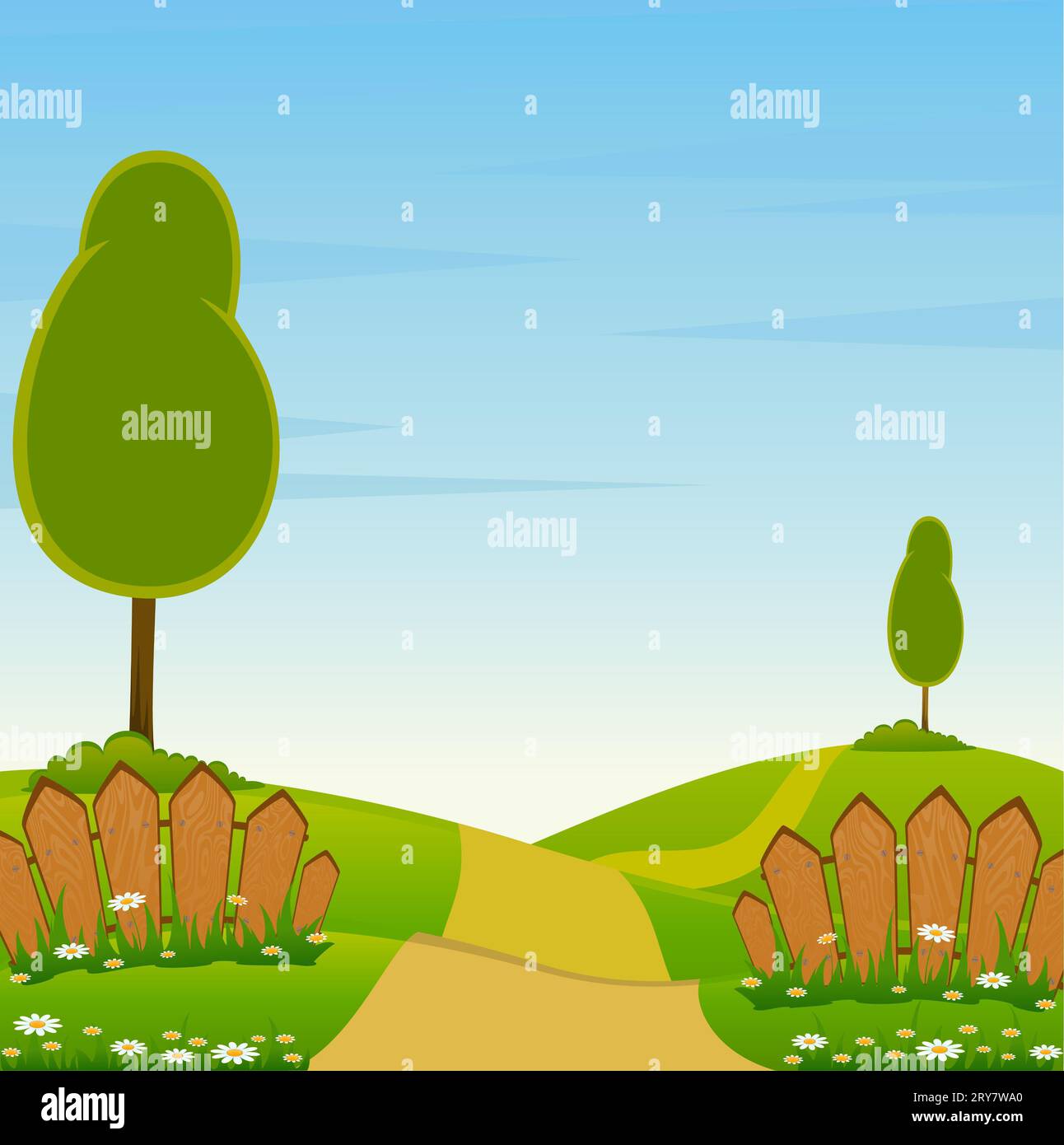 Country Landscape with Trees, Road and Fence Stock Photo - Alamy