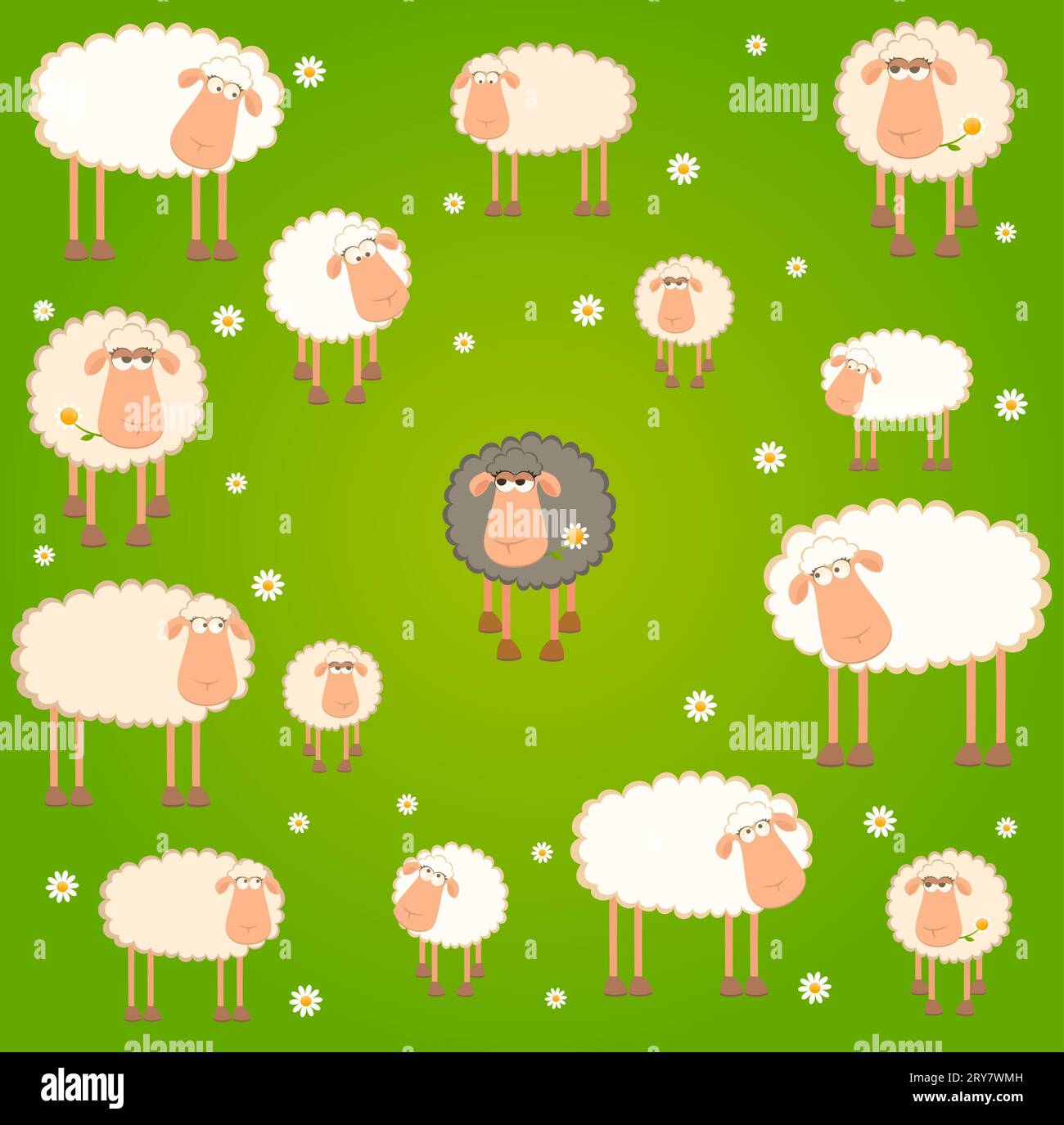 Landscape background with cartoon sheep Stock Photo - Alamy