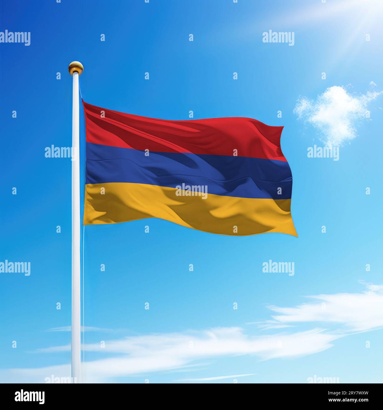 Waving flag of Armenia on flagpole with sky background. Template for ...