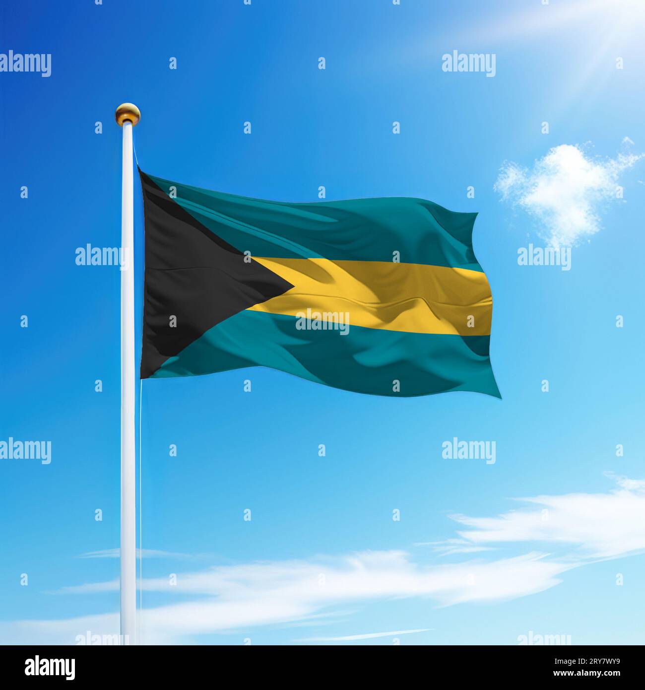 Waving flag of Bahamas on flagpole with sky background. Template for ...