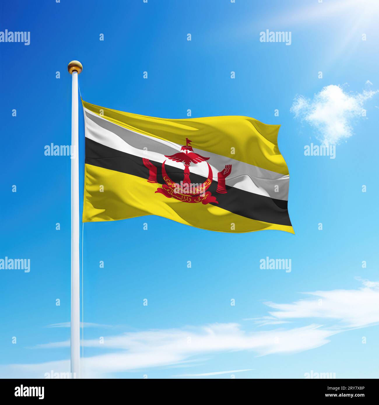 Waving flag of Brunei on flagpole with sky background. Template for ...