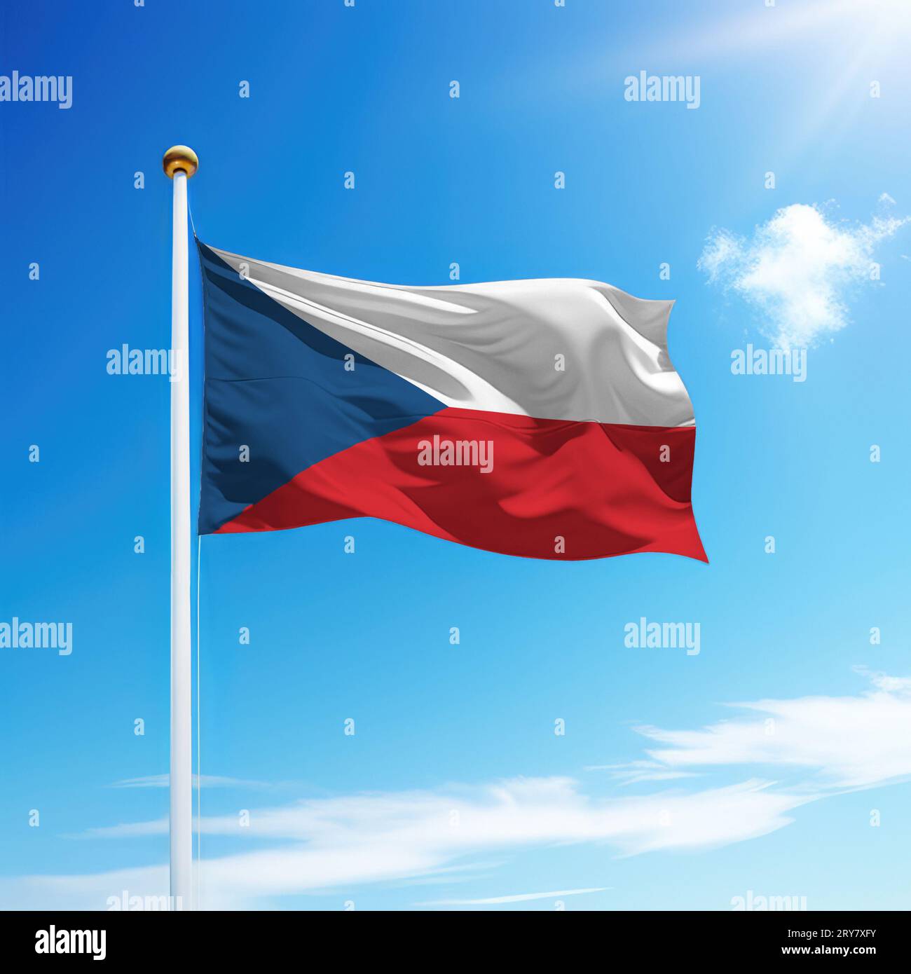 Waving flag of Czechia on flagpole with sky background. Template for ...