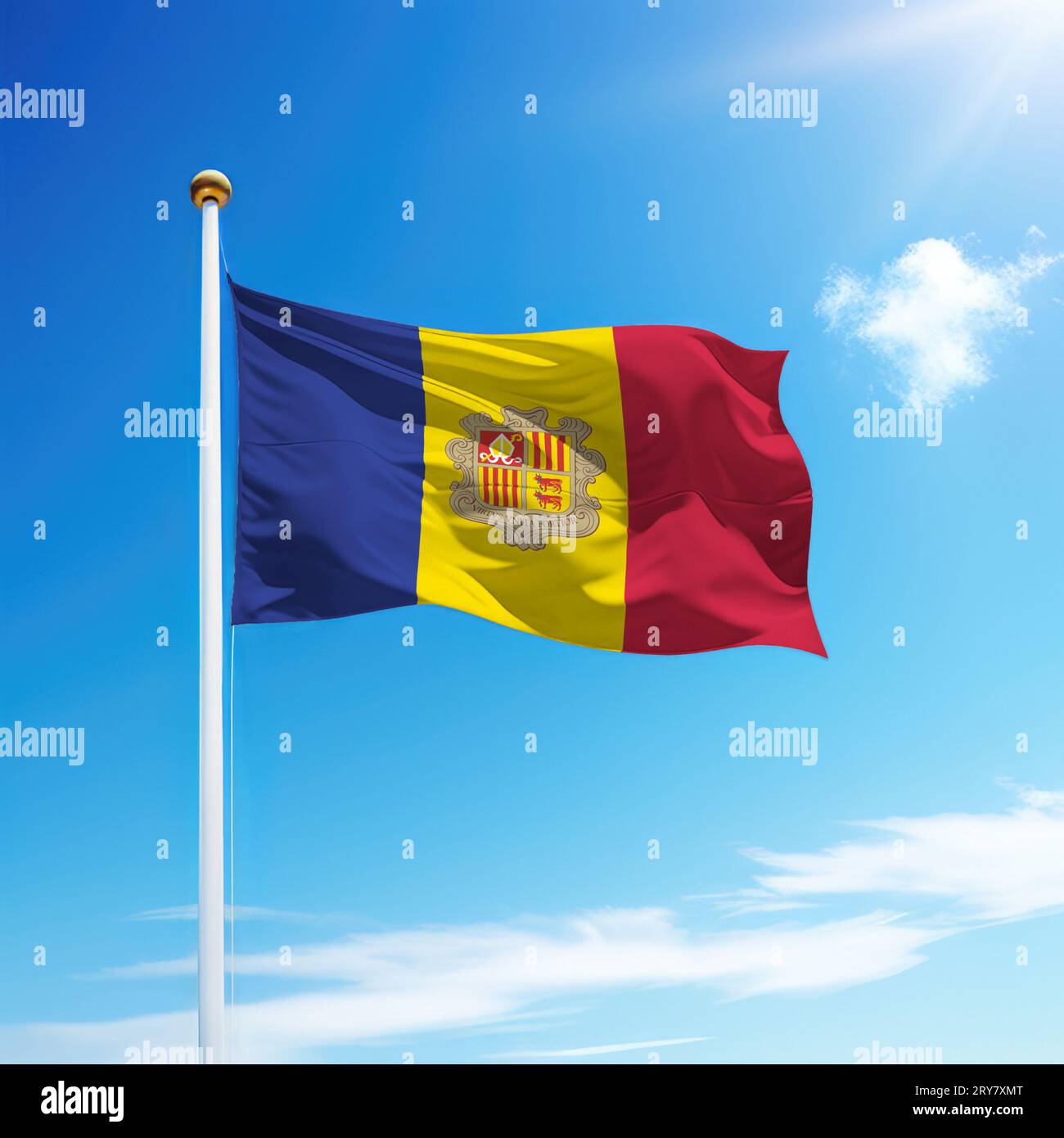 Waving flag of Andorra on flagpole with sky background. Template for ...