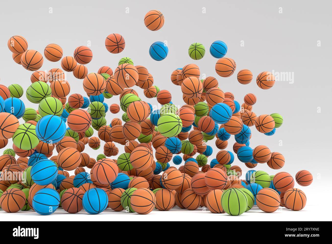 Many of flying multicolor basketball ball falling on white background ...