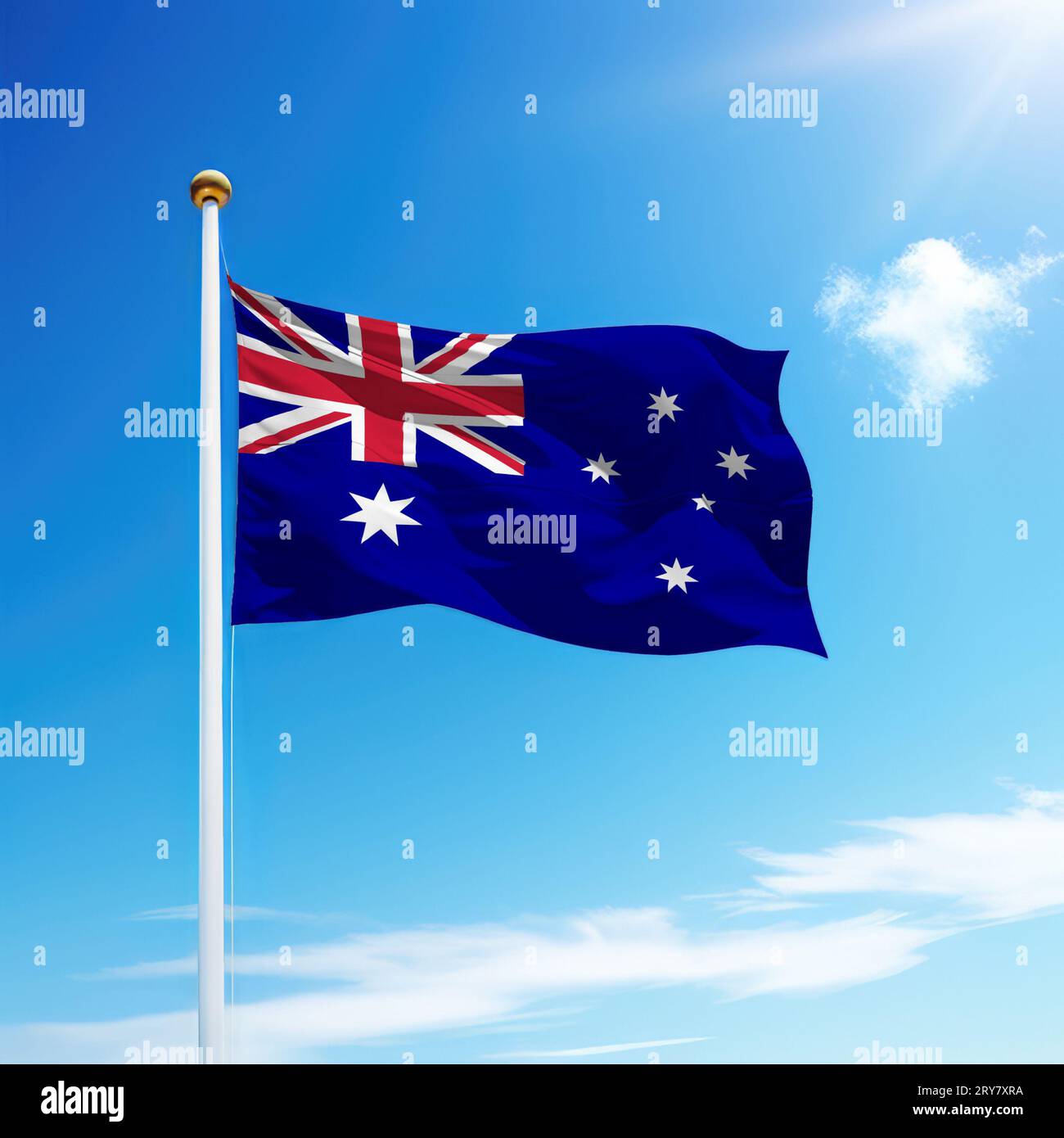 Waving flag of Australia on flagpole with sky background. Template for ...