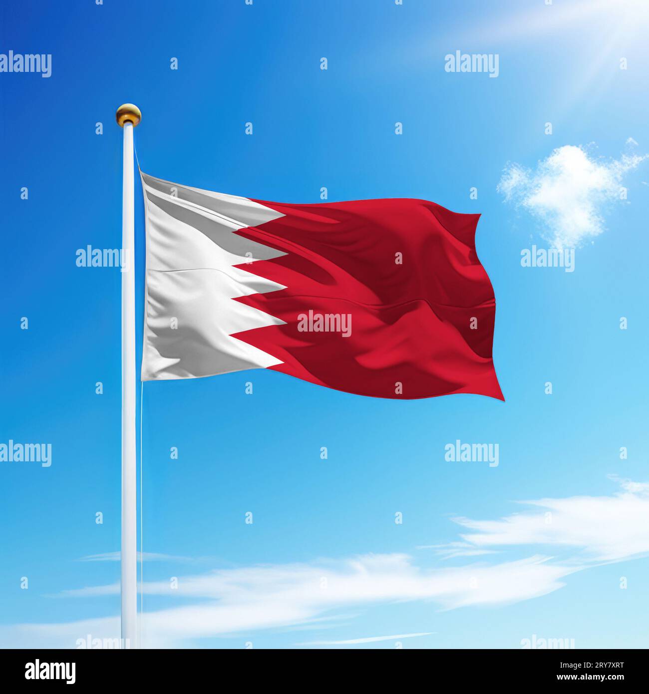 Waving flag of Bahrain on flagpole with sky background. Template for ...