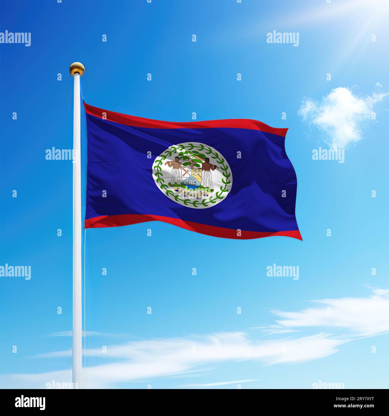 Waving flag of Belize on flagpole with sky background. Template for ...