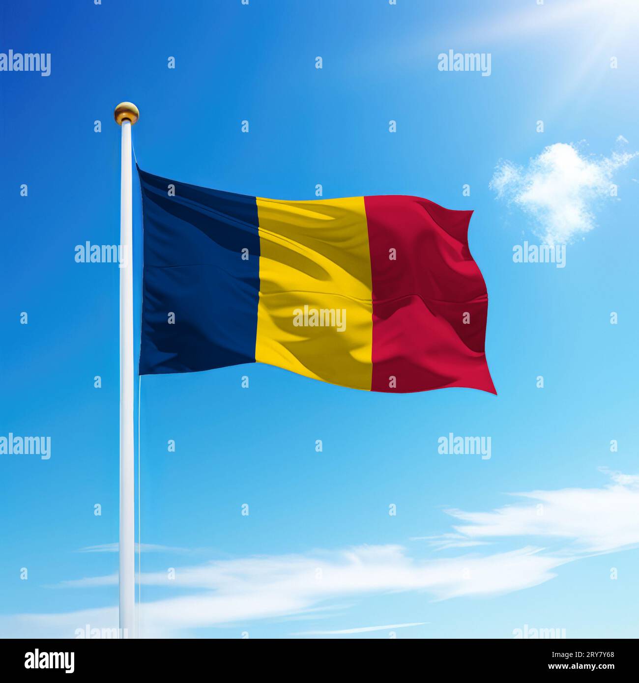 Waving flag of Chad on flagpole with sky background. Template for ...