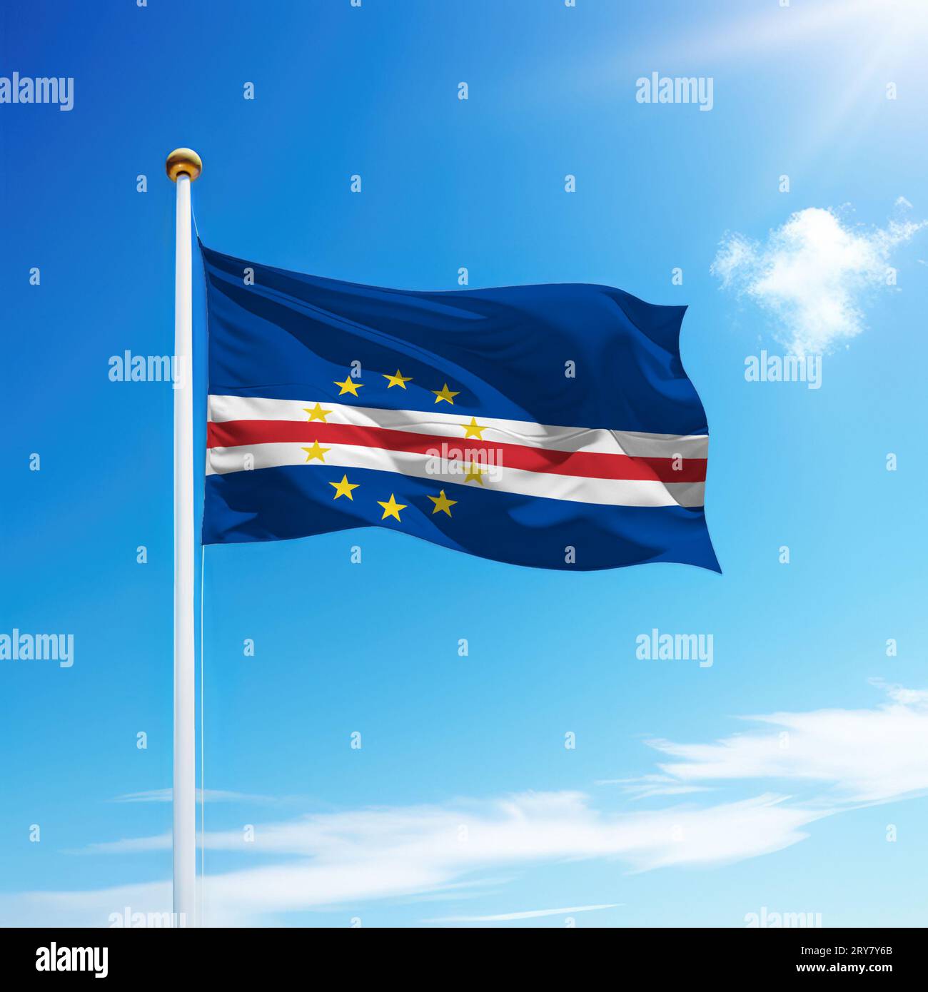 Waving flag of Cape Verde on flagpole with sky background. Template for ...