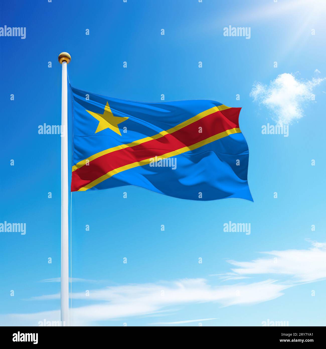 Waving flag of Democratic Republic of the Congo on flagpole with sky ...