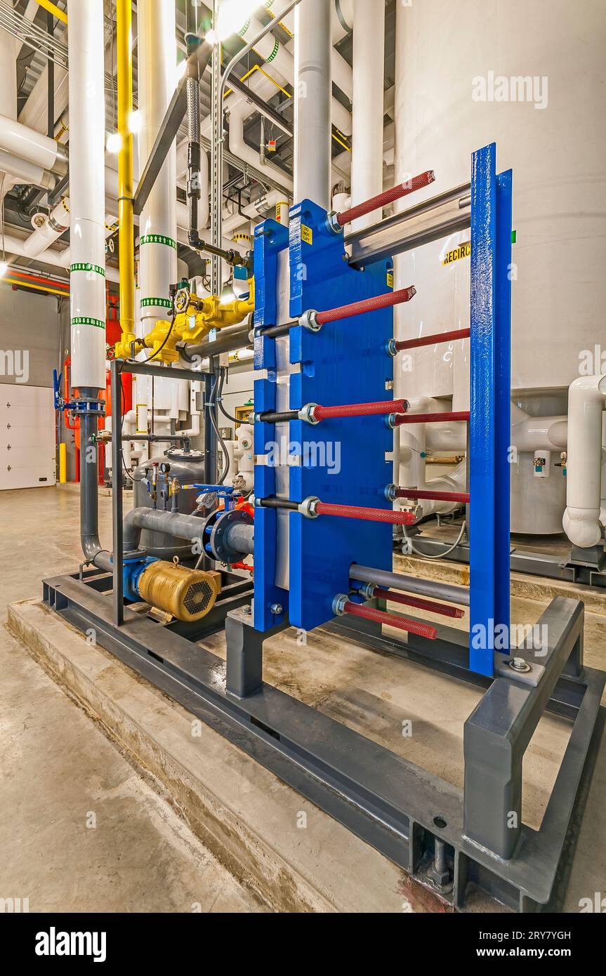 Piping assembly in the compressor room of a cold-storage (industrial ...