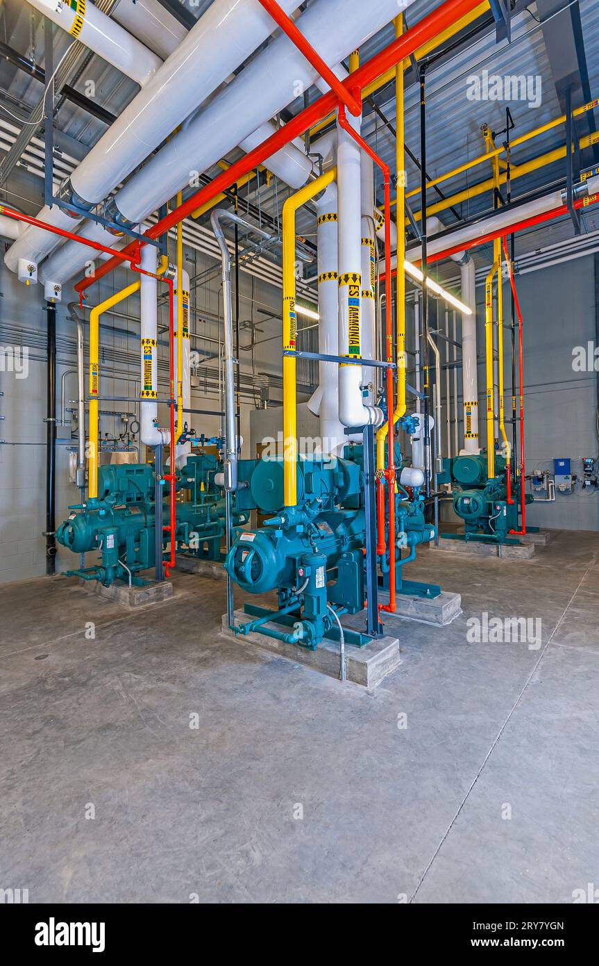 Compressor room in ammonia-cycle industrial refrigeration cold-storage ...