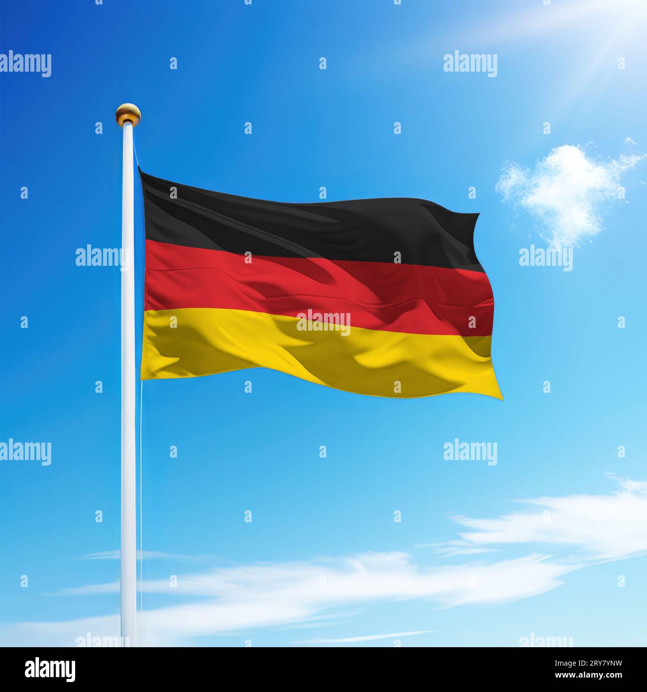 Waving flag of Germany on flagpole with sky background. Template for ...