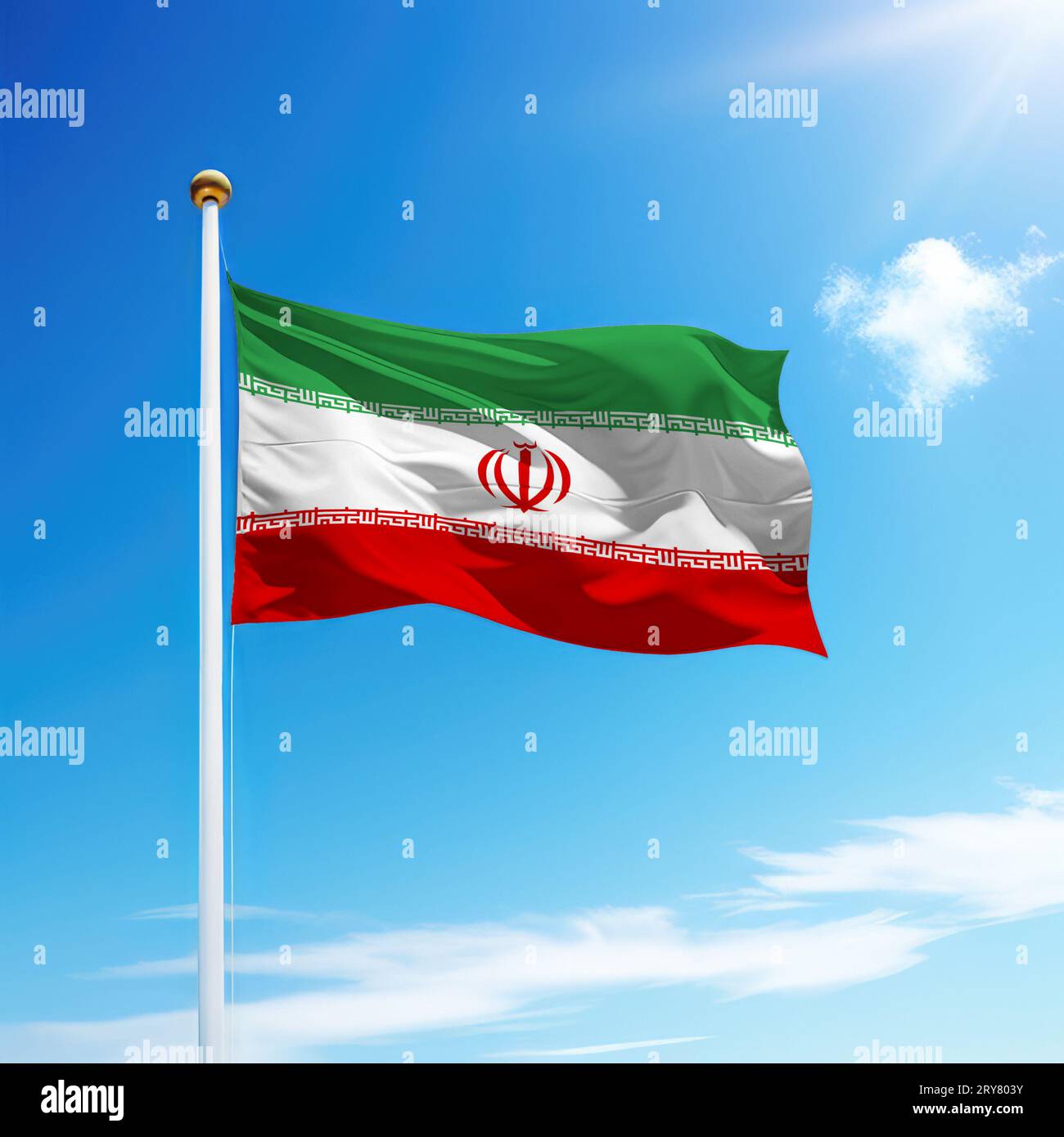 Waving flag of Iran on flagpole with sky background. Template for ...