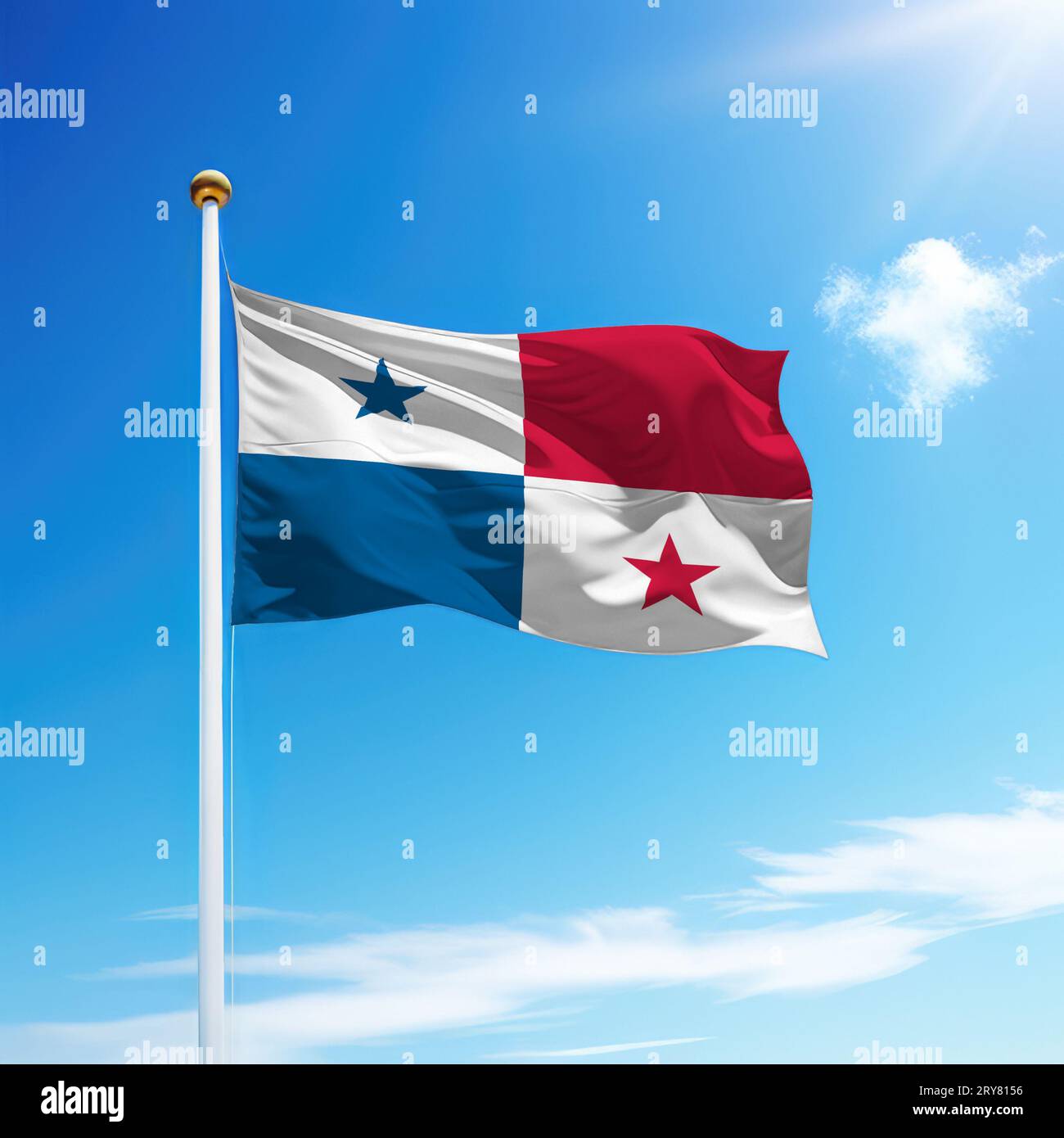 Waving flag of Panama on flagpole with sky background. Template for ...
