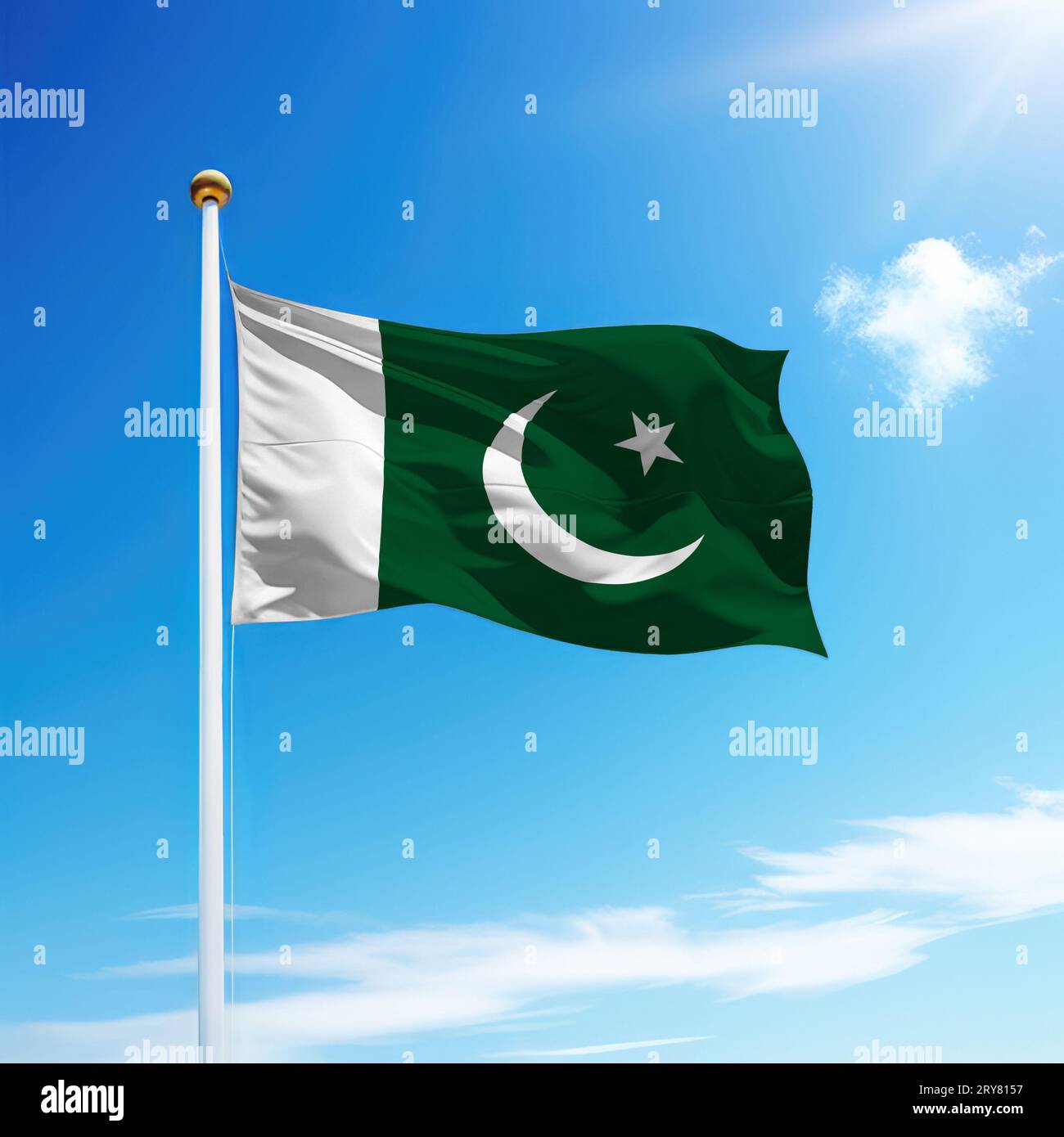 Waving flag of Pakistan on flagpole with sky background. Template for ...