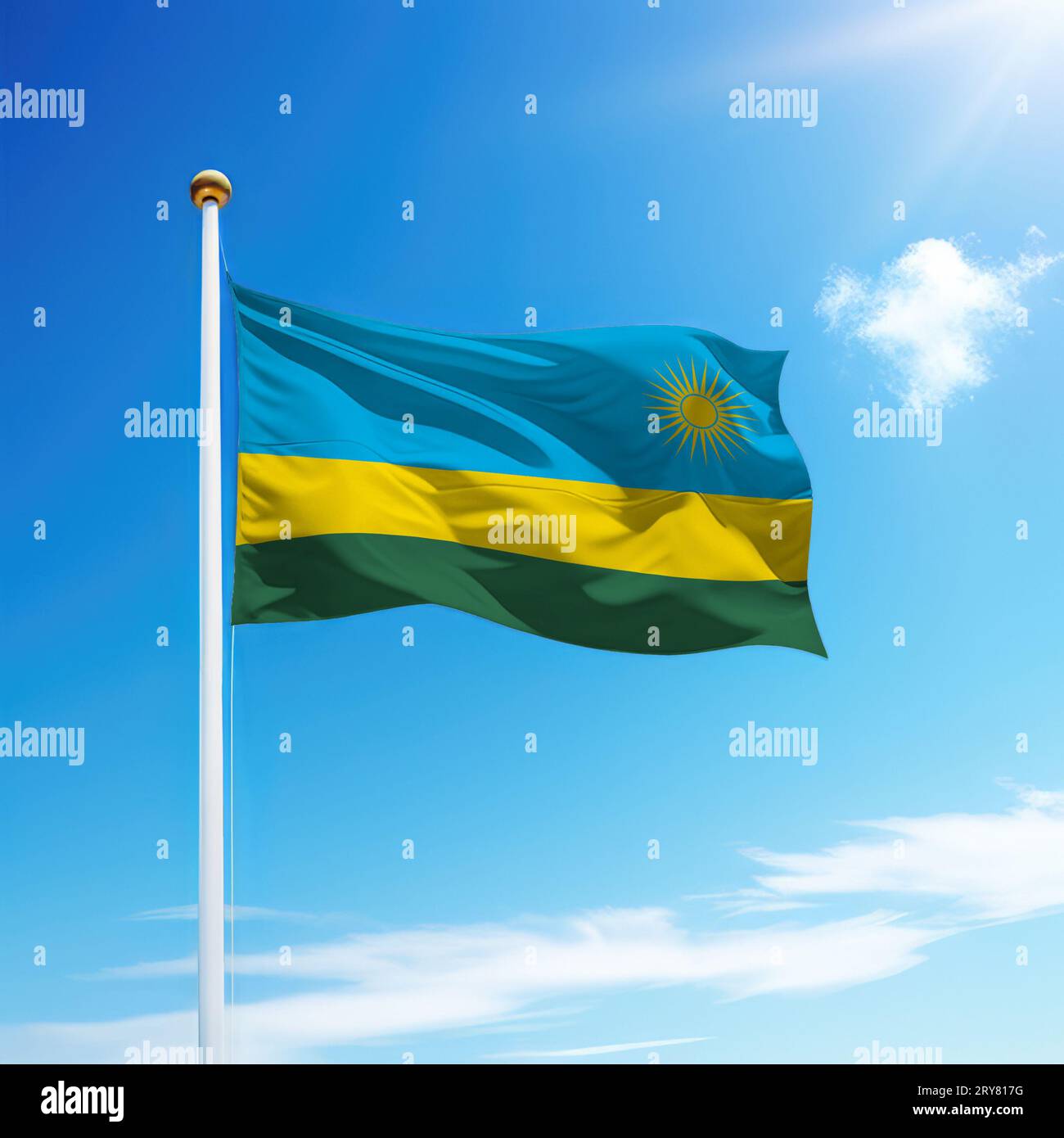 Waving flag of Rwanda on flagpole with sky background. Template for independence day Stock Photo ...