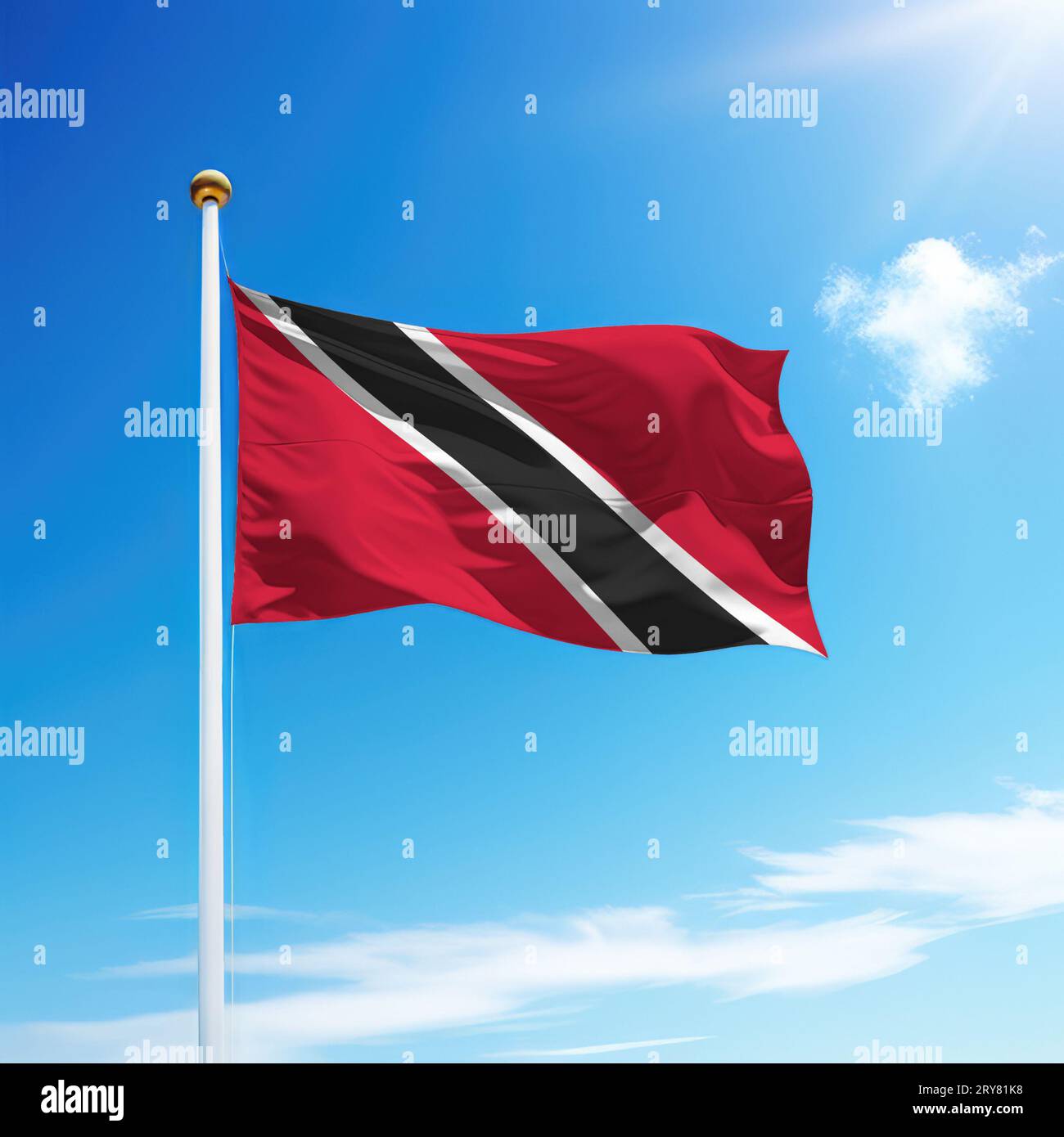 Waving flag of Trinidad and Tobago on flagpole with sky background. Template for independence ...