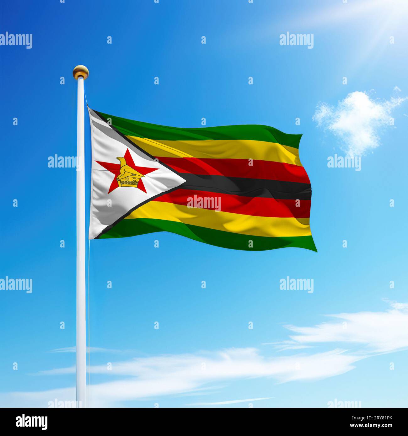 Waving flag of Zimbabwe on flagpole with sky background. Template for ...