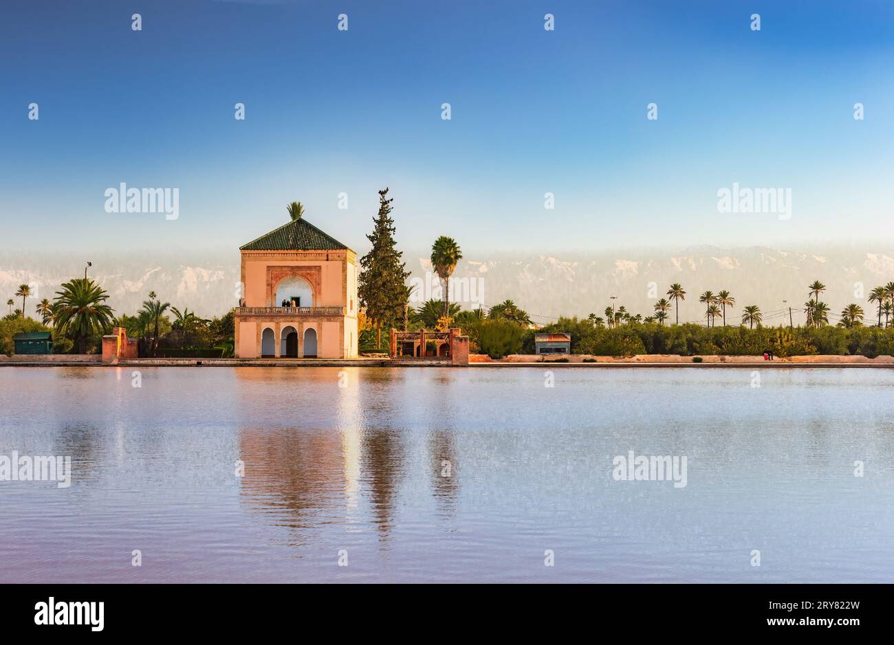 Saadian Pavillon at Menara gardens with Atlas mountains in Marrakech ...