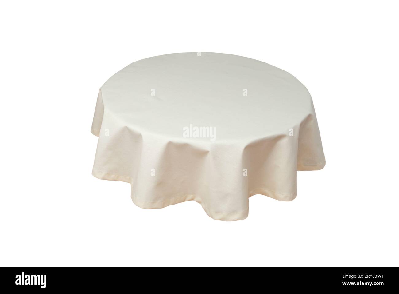 White cloth on a round shaped table, side view isolated on white ...