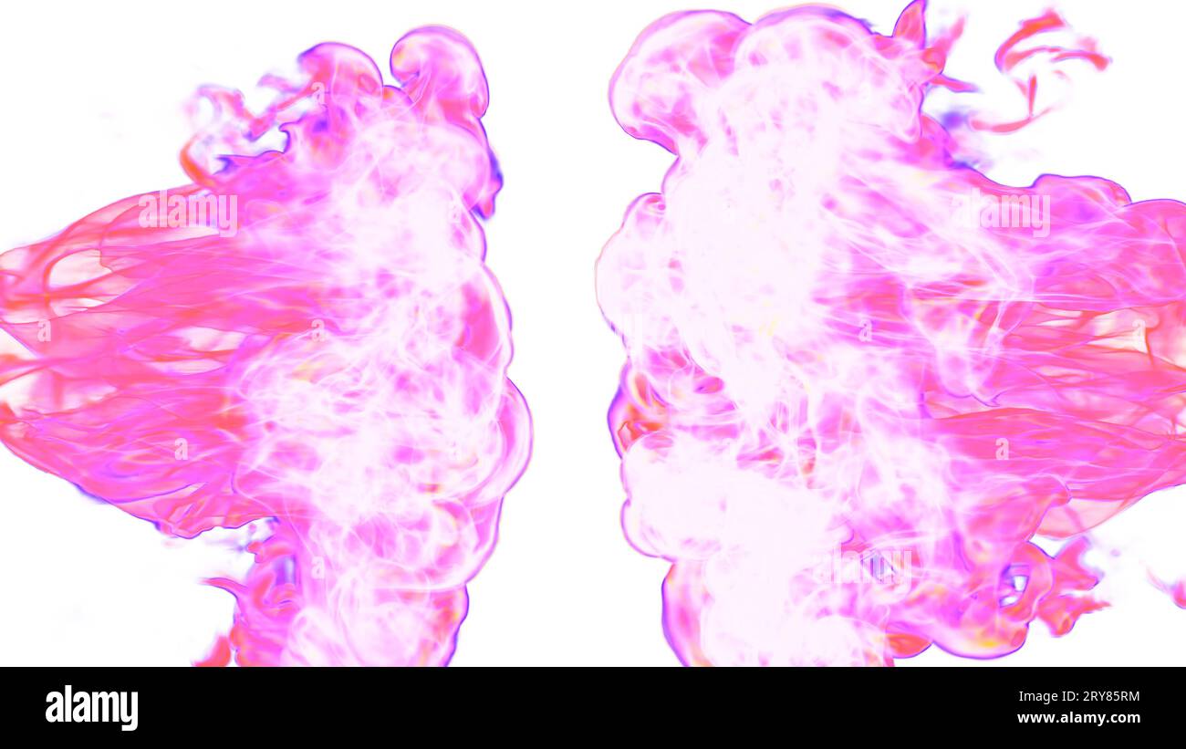 3d illustration. Tongues of pink flame collide from opposite sides on a ...