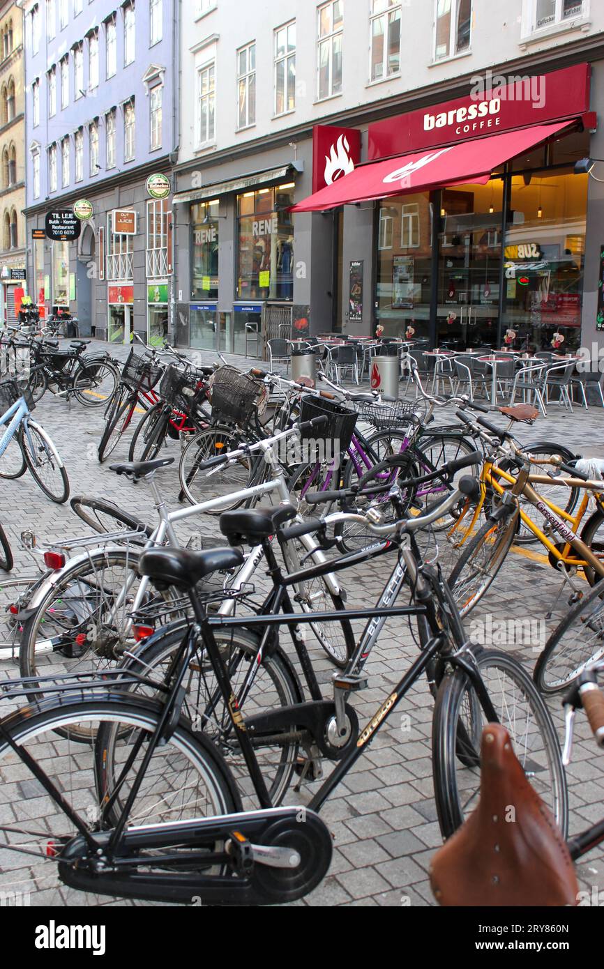 Bikes at the pedestrian street of Copenhagen, Denmark Stock Photo - Alamy