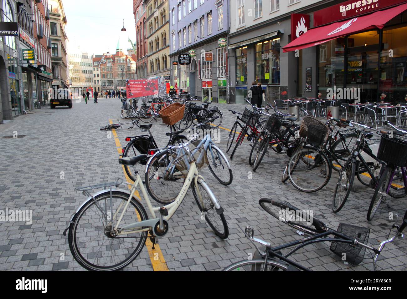 Bikes at the pedestrian street of Copenhagen, Denmark Stock Photo - Alamy