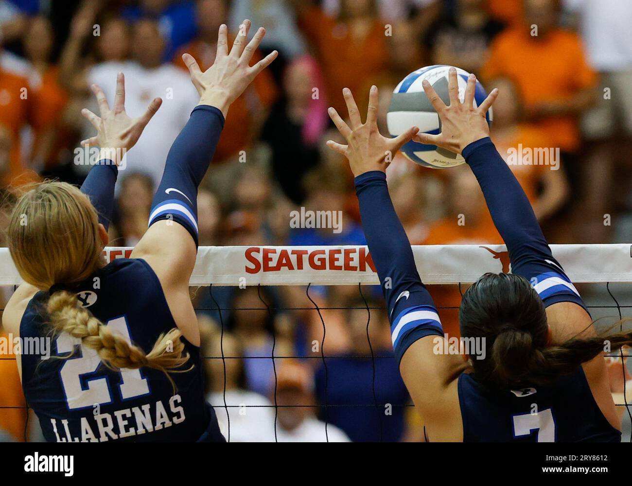 September 28, 2023: BYU middle blocker Whitney McEwan-Llarenas (21) and ...