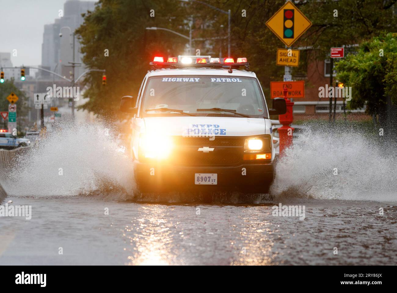 New York, United States. 29th Sep, 2023. An NYPD Police vehicle crosses ...