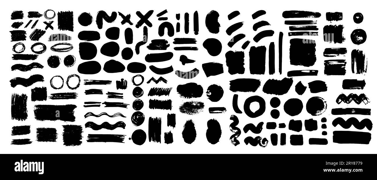 Large collection of shapes. Brush strokes with black paint, handmade ...