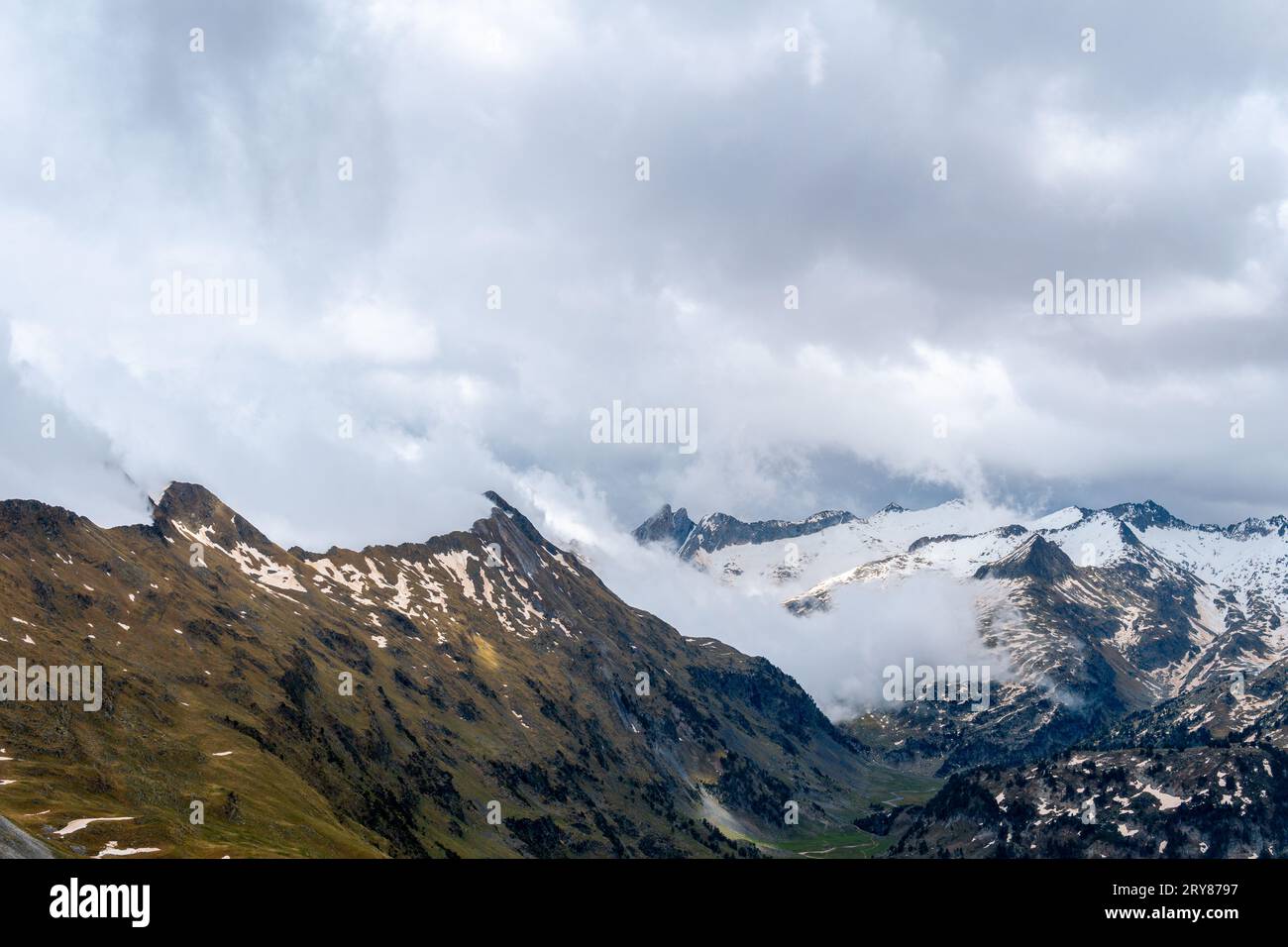 View over snowy valley in the spring in the Spanish Pyrenees Stock ...