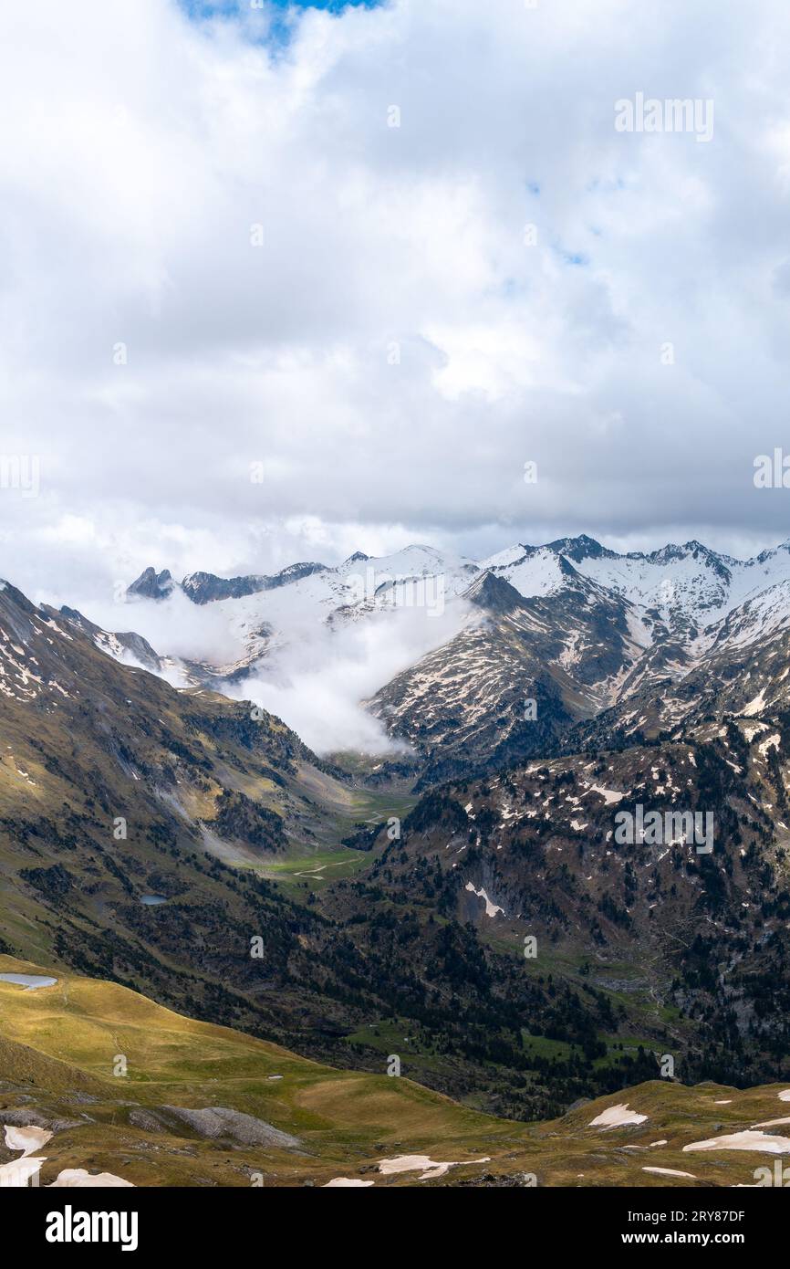 View over snowy valley in the spring in the Spanish Pyrenees Stock ...