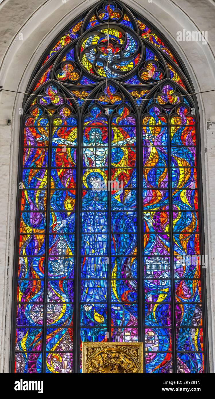 Mary Jesus Stained Glass Triptych Altar St Mary's Church Gdansk Poland. Coronation of Mary ...