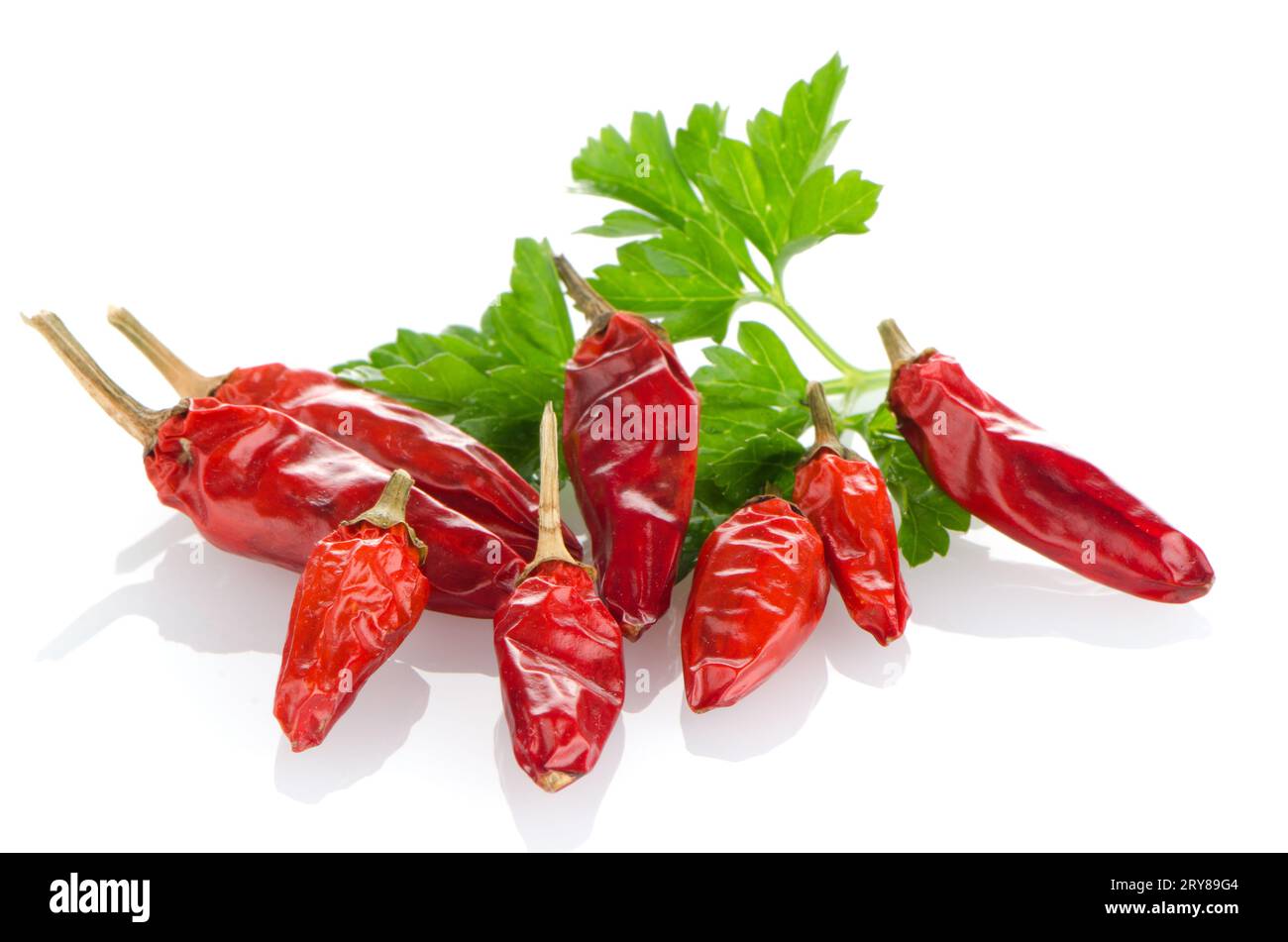 Red chili or chilli pepper and parsley leaves Stock Photo - Alamy