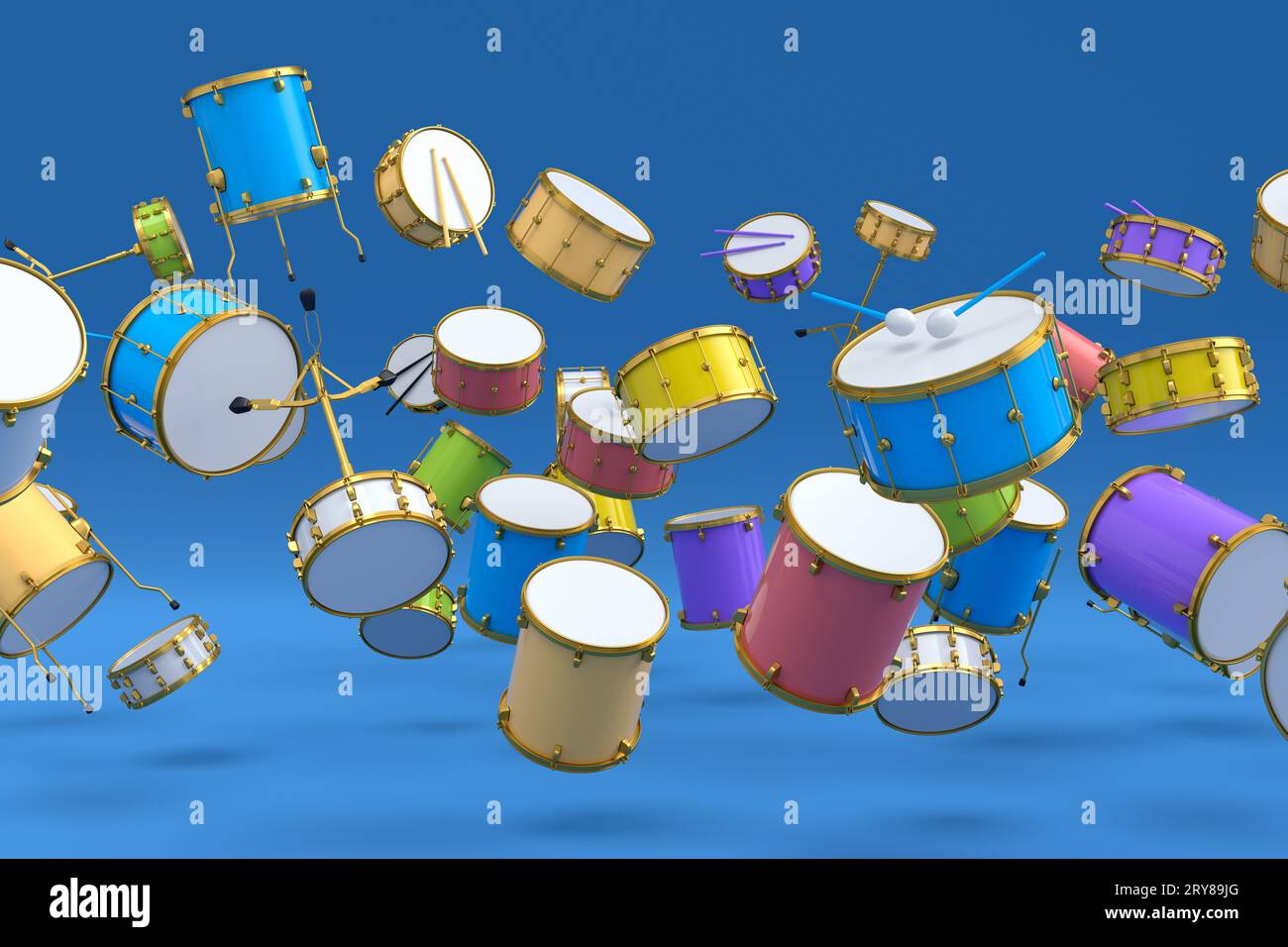 Many of flying drums on blue background. 3d render concept of musical ...
