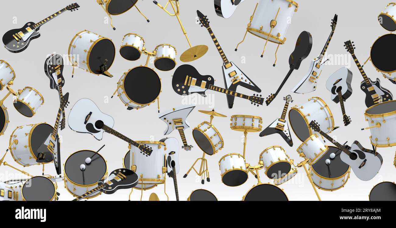 Many of flying acoustic guitars, drums with metal cymbals or drumset ...