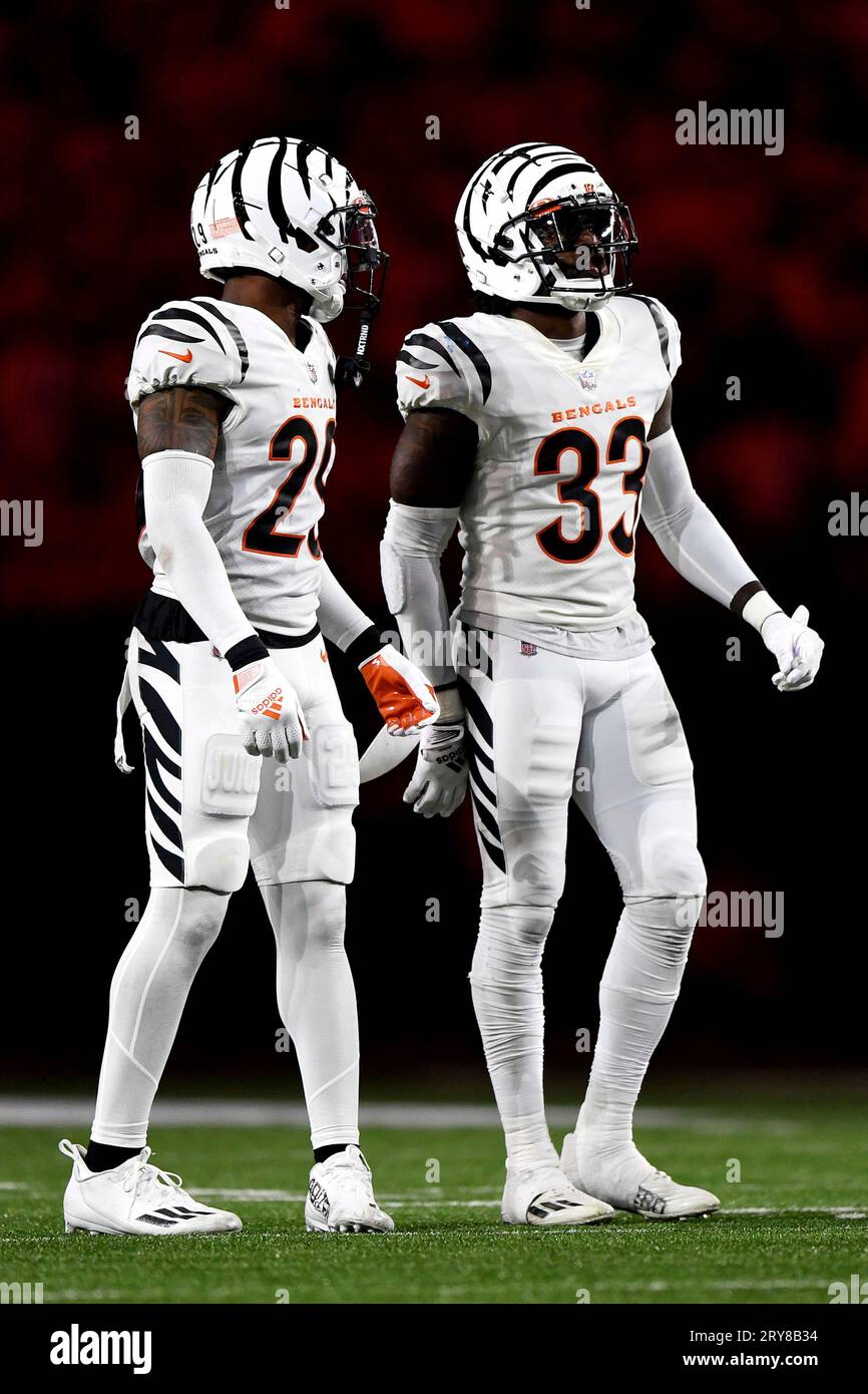 Cincinnati Bengals cornerback Cam Taylor-Britt (29) talks to safety ...