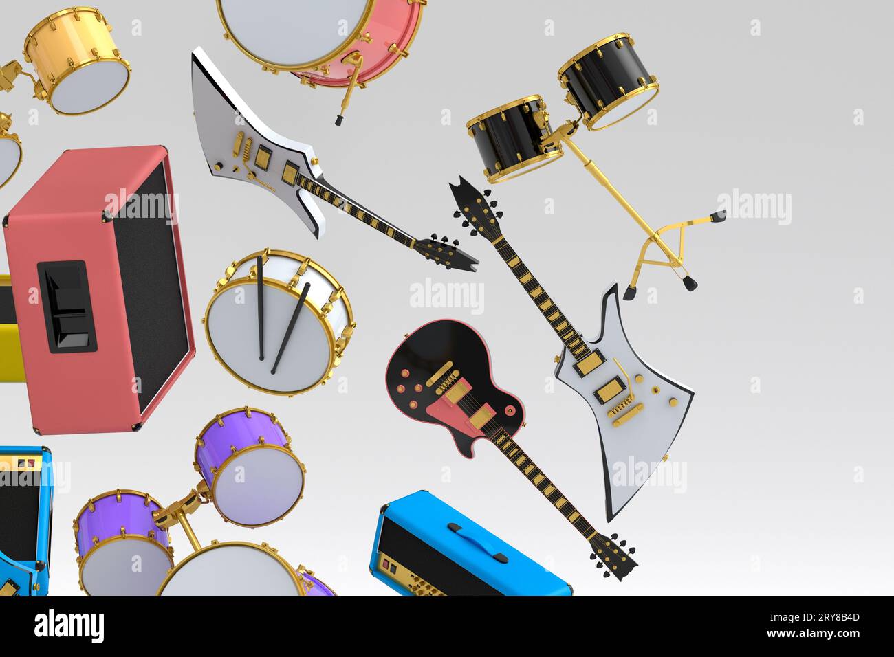 Many of flying acoustic guitars, drums with metal cymbals or drumset ...