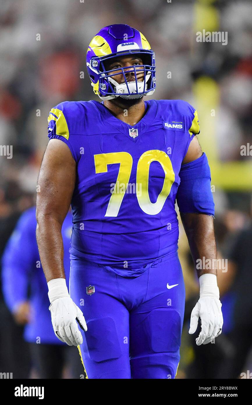 Los Angeles Rams offensive tackle Joe Noteboom (70) walks off the field ...