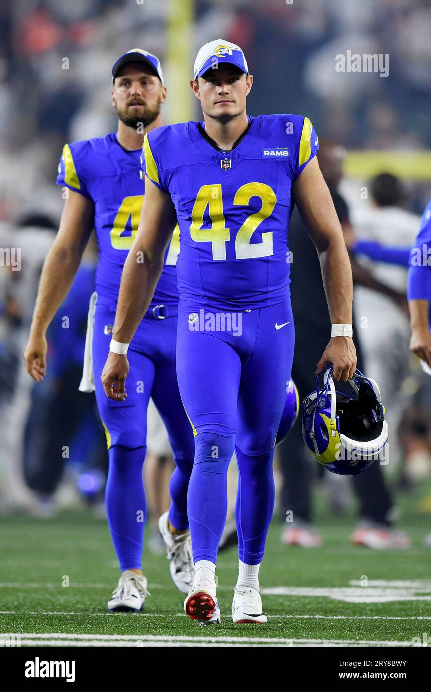Los Angeles Rams punter Ethan Evans (42) walks off the field after an NFL football game against ...