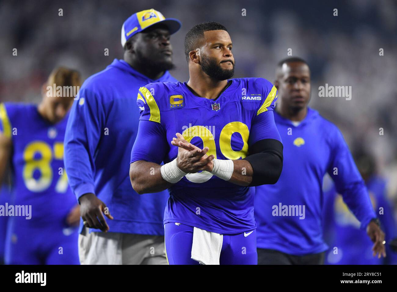 Los Angeles Rams defensive tackle Aaron Donald (99) walks off the field ...