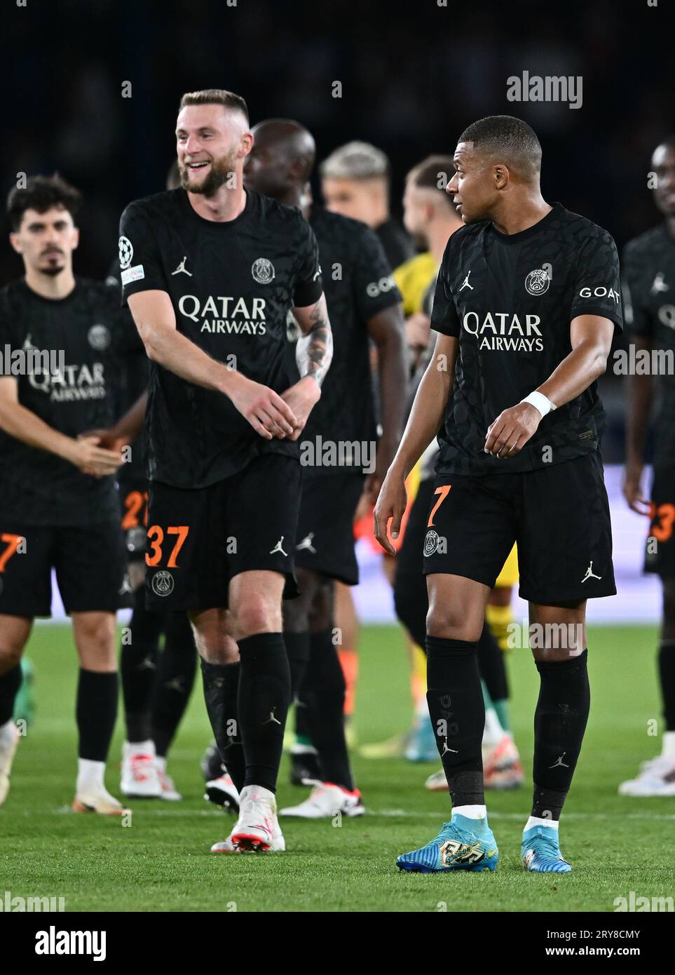 PARIS, FRANCE - SEPTEMBER 19: Milan Skriniar and Kylian Mbappe of Paris Saint-Germain during the ...