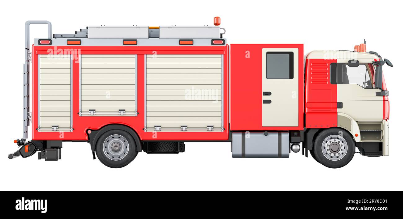 Fire engine truck, side view. 3D rendering isolated on white background ...