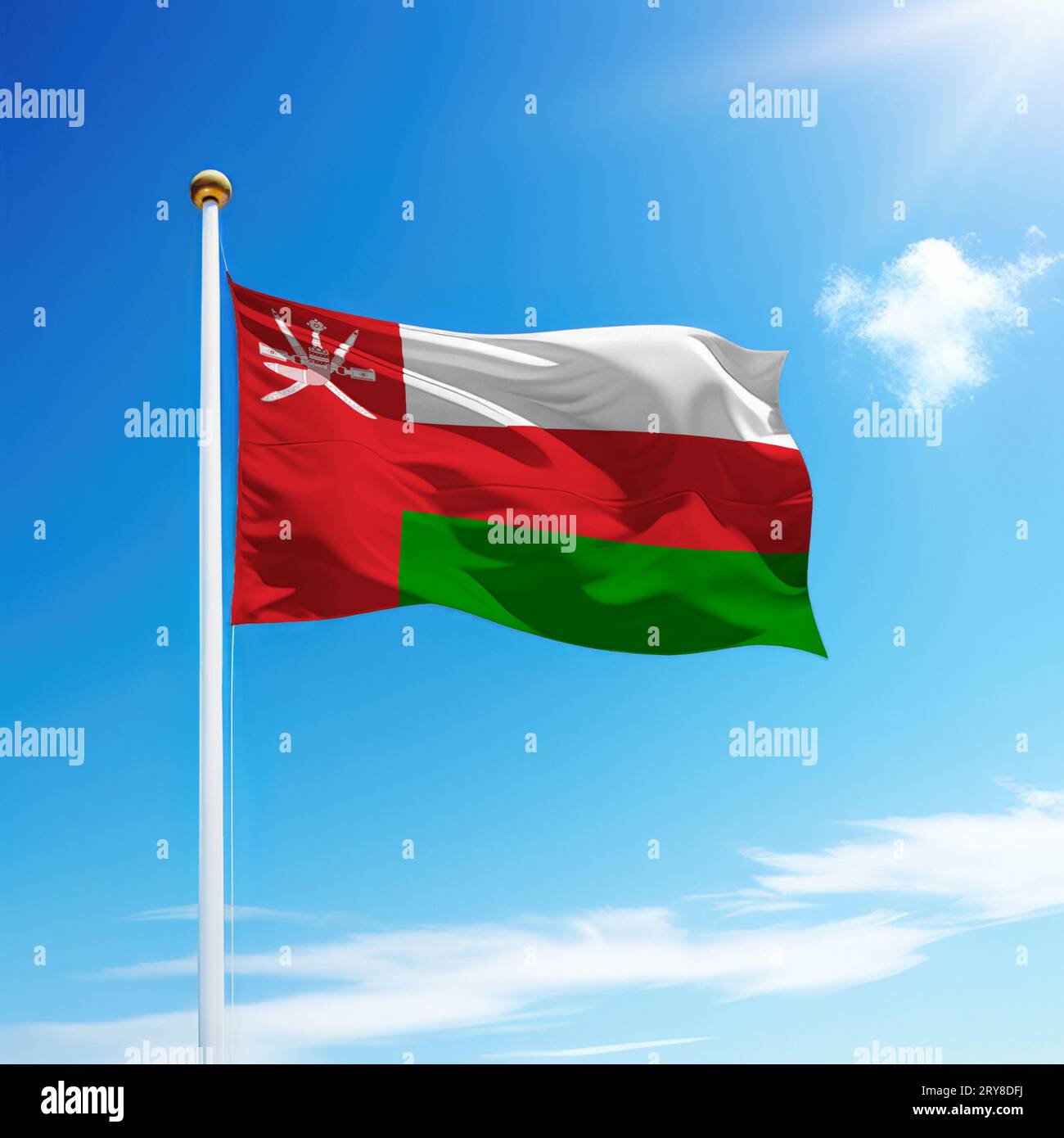 Waving flag of Oman on flagpole with sky background. Template for ...
