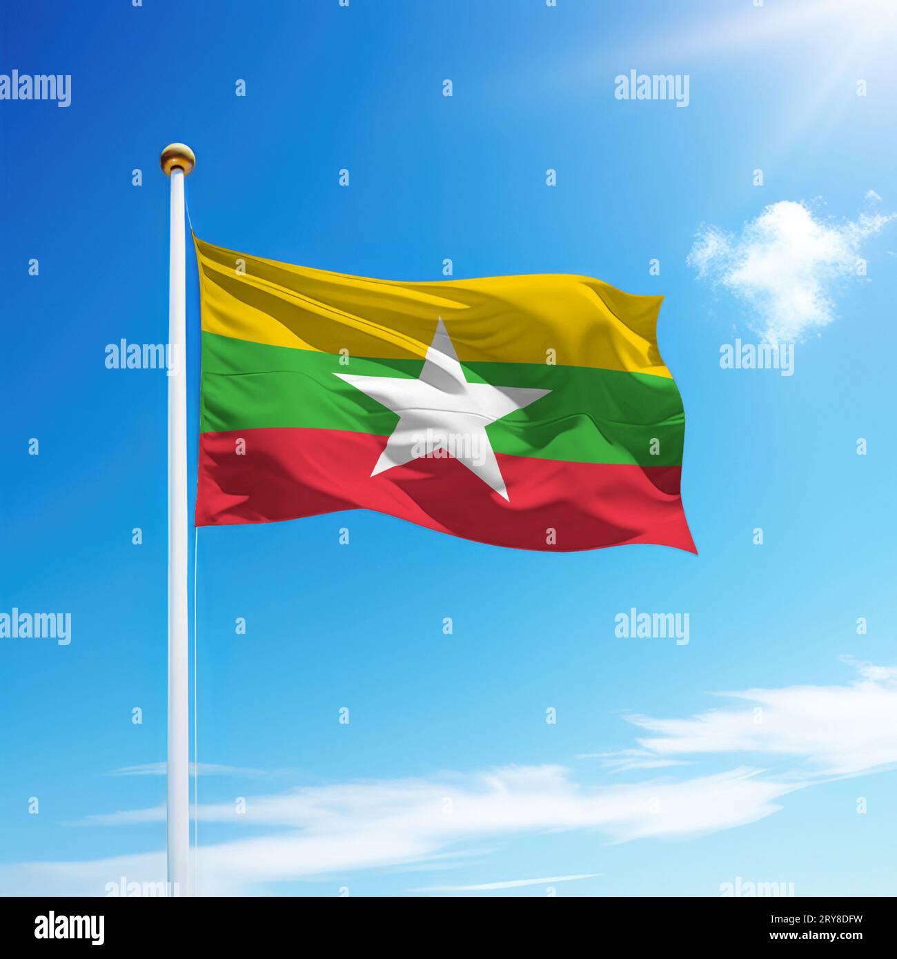 Waving flag of Myanmar on flagpole with sky background. Template for ...