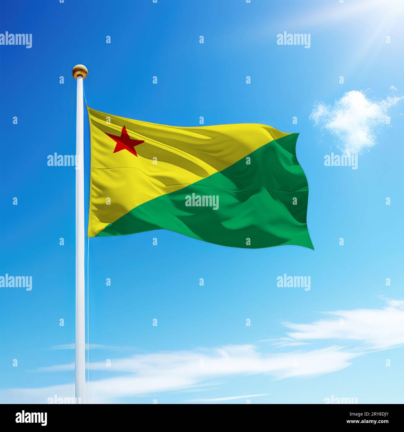 Waving flag of Acre is a state of Brazil on flagpole with sky ...