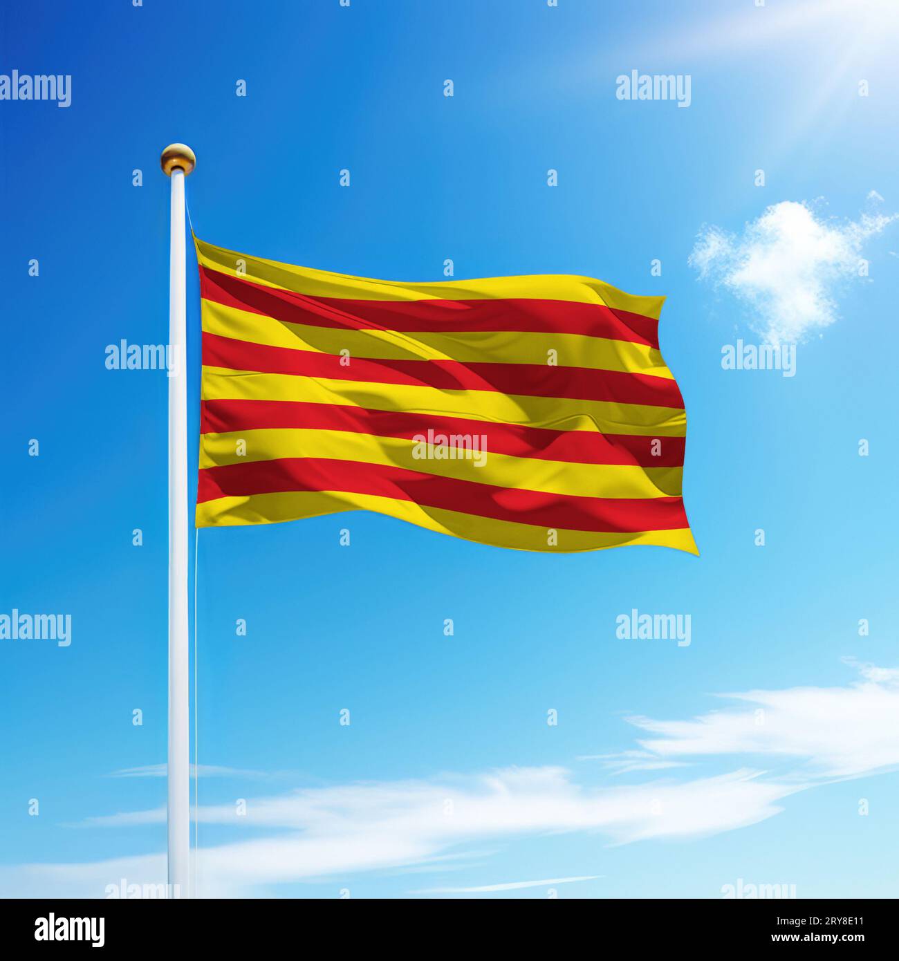 Waving flag of Catalonia is a community of Spain on flagpole with sky ...